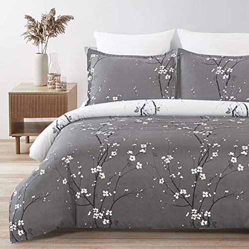 YEPINS Soft Brushed Microfiber Duvet Cover Set with Zipper Closure and Corner Ties, Plum Blossom/Branch Floral Printed Pattern, Grey and White Color, Reversible Design, King Size(104x90 Inches)