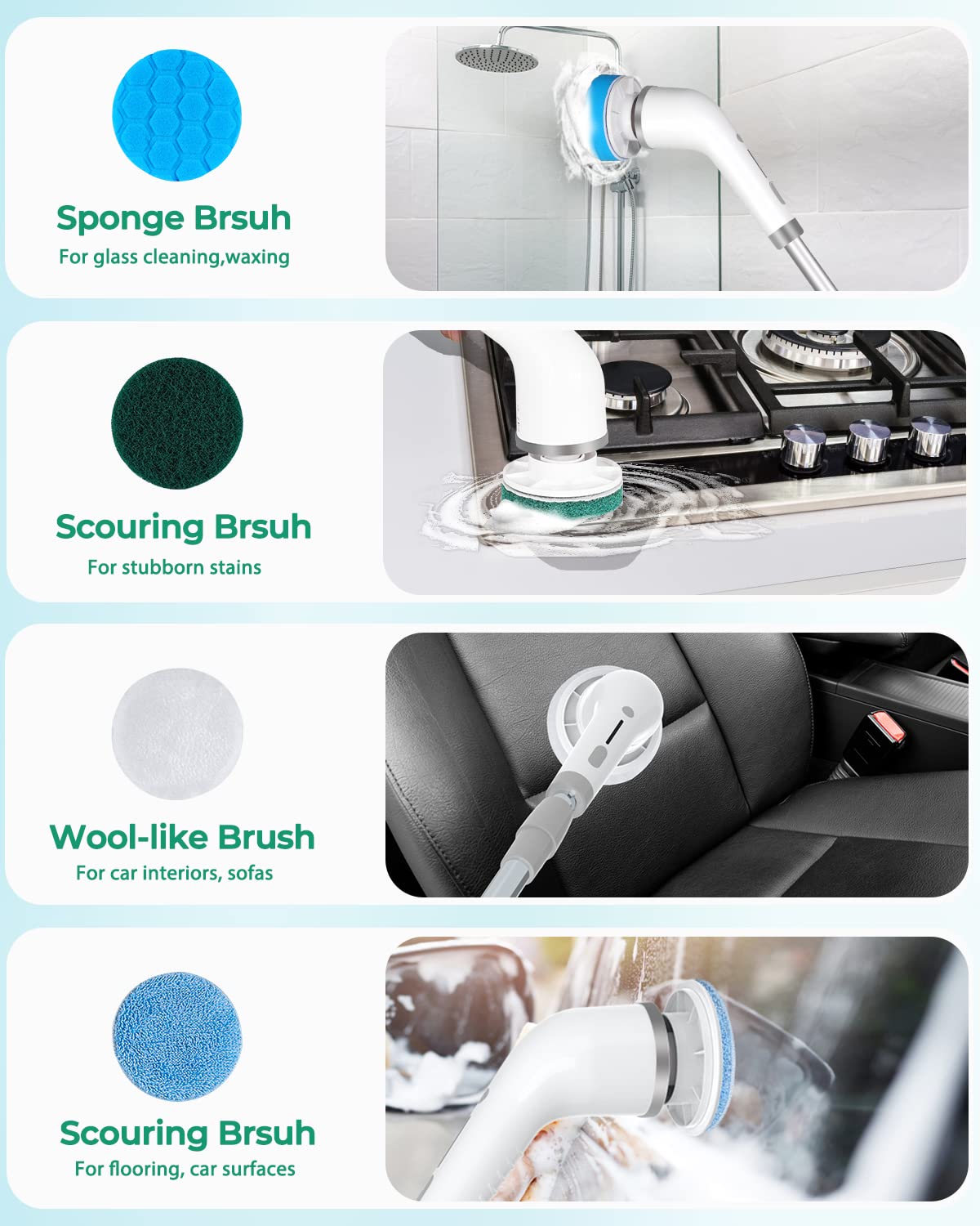 Electric Spin Scrubber - Cordless Shower Cleaning Brush with 8 Replaceable Heads - 2 Speeds & Extension Handle - Power Scrubber for Bathroom, Tile, Shower, Grout, Tub - includes Hooks and Storage Bag