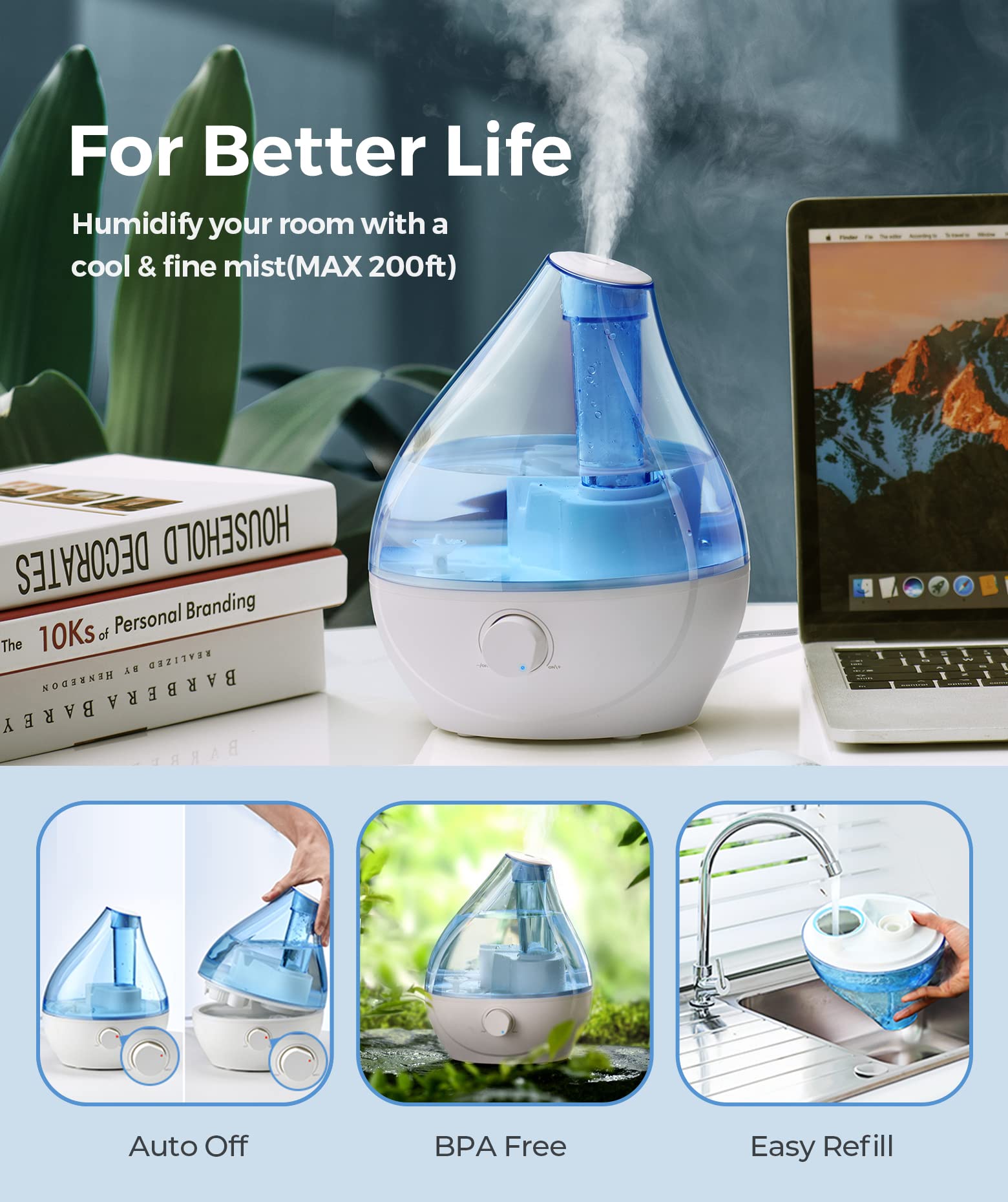 Humidifier for Bedroom, 1.6L Cool Mist Humidifier with Night Light, 22dB Quiet Humidifiers for Large Room, 360° Rotate Nozzle and Adjustable Mist, 24 Hrs Available Cool Mist, Easy to clean, Auto Off