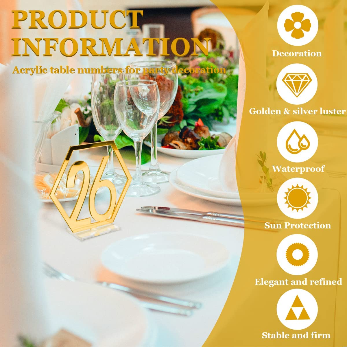 Velidy Table Numbers,1-20Wedding Acrylic Standing Table Numbers with Holder Base for Wedding, Party, Events or Catering Decoration (Gold)
