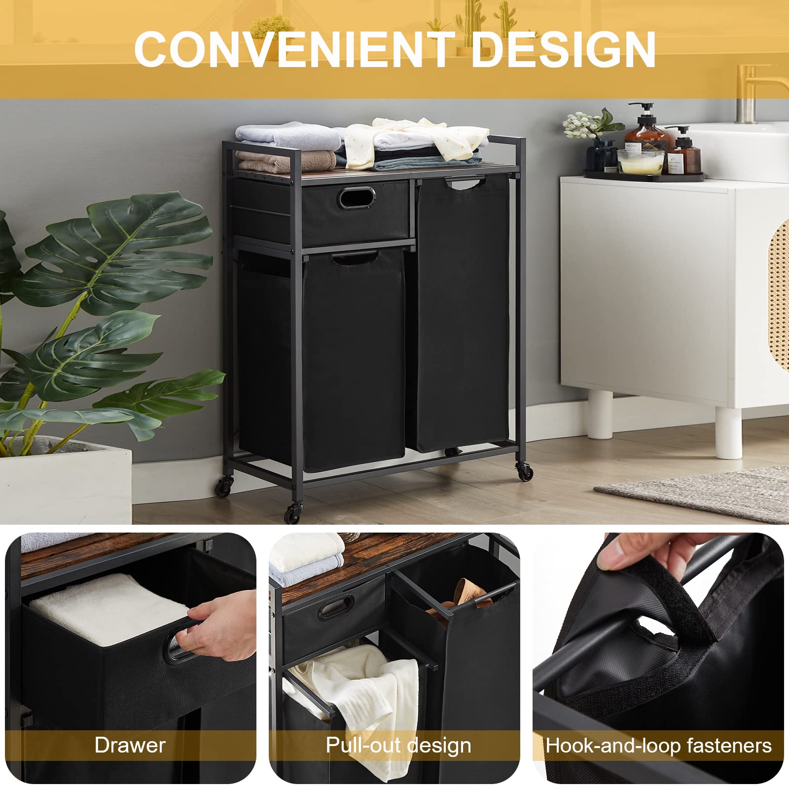 Zevemomo Laundry Basket Hamper with Wheels,2 Laundry Bags & Drawer, Laundry Hamper with Shelf for Laundry,Laundry Room Organization, Rustic Brown and Black