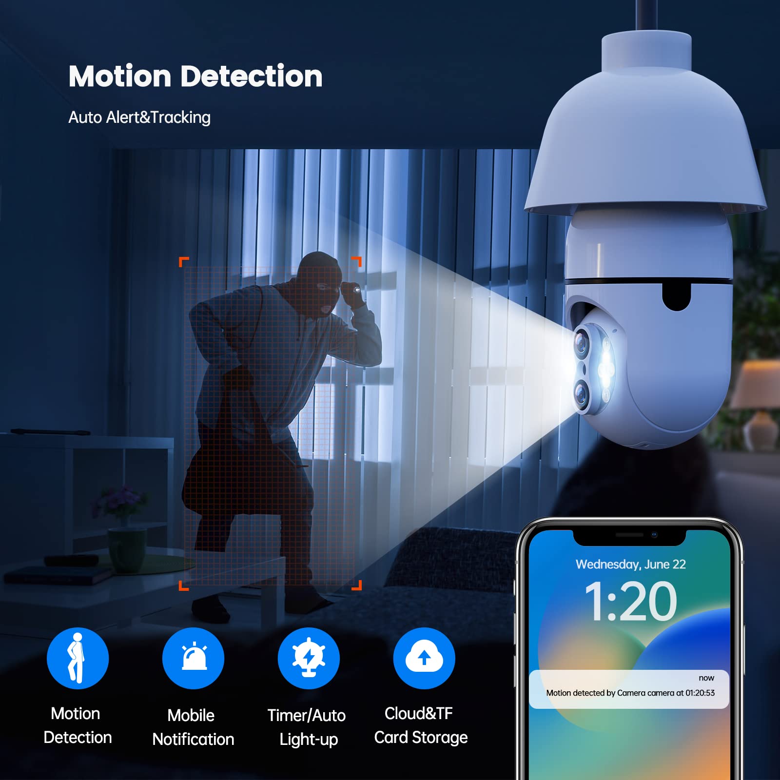 Light Bu lb Security Camera, 2.4GHz WiFi 10X Hybrid Zoom Wireless Light Bu lb Camera Security Camera Outdoor Real Time Motion Detection Alerts Two Way Talk Color Night Vision