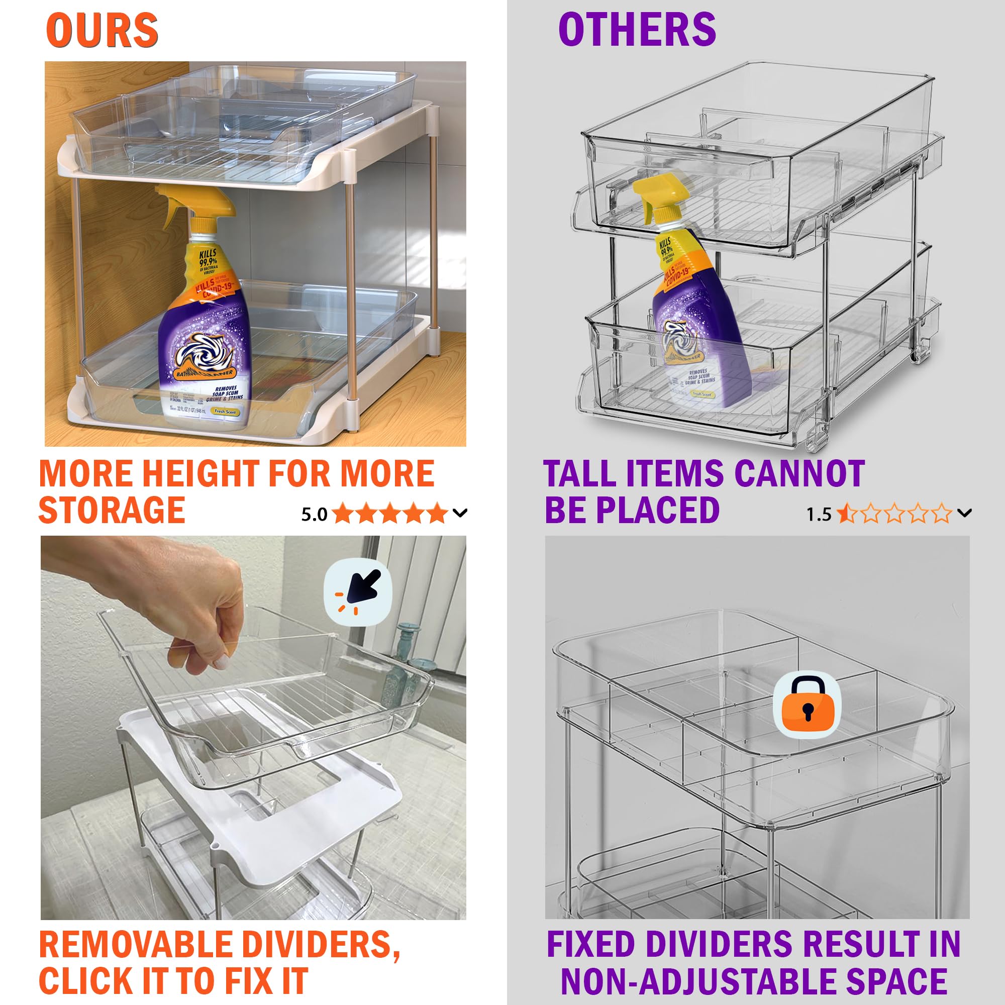 TOPITOP 2 Pack of 2 Tier Under Sink Organizer for Bathroom, Kitchen Sink Organizer Under Cabinet Storage, Pull Out Make Up and Vanity Cabinet Organizers with Movable Dividers