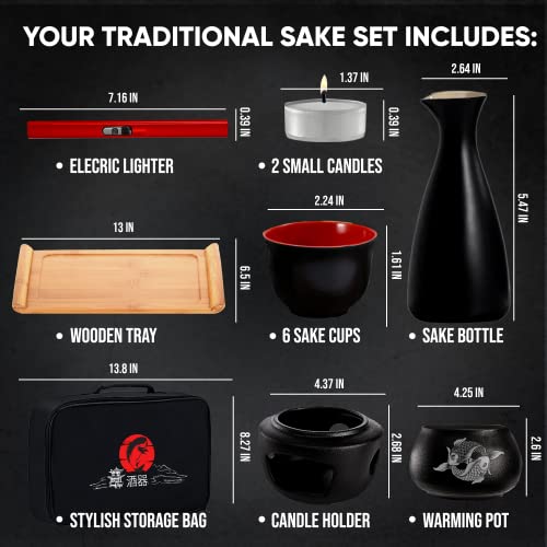 Japanese Sake Set with Warmer | 11 pc | 6 sake cups only | non electric sake warmer | sake bottle | candles | lighter | bamboo sake flight tray for sake cup set | bomb gift kit for chinese sake set