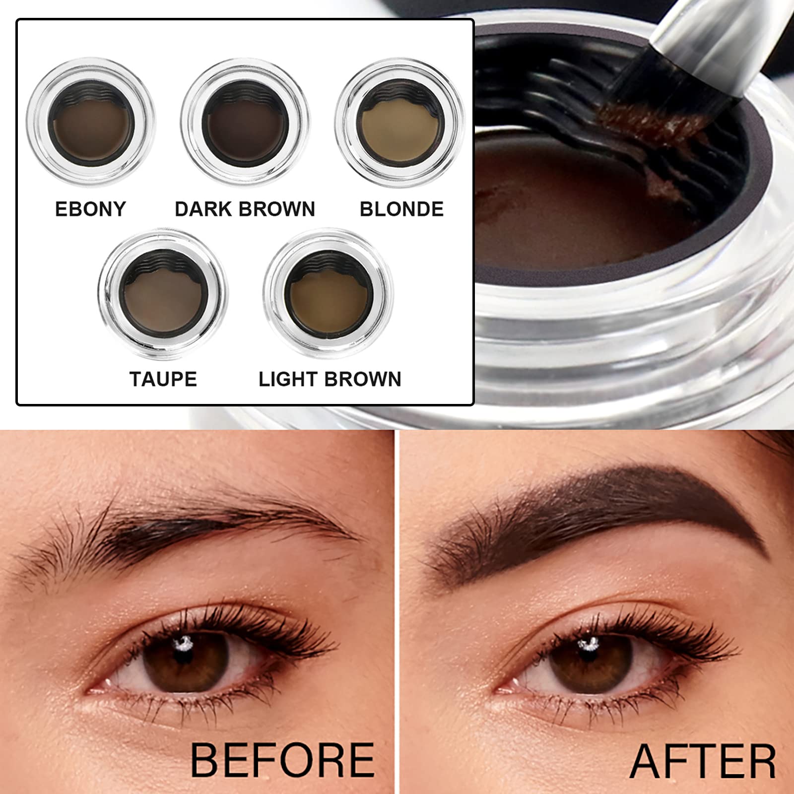 Fill and Frame Eyebrow Pomade Kit, Long Lasting and Waterproof Eyebrow Gel Makeup Set with Dual-ended Brush and Brow Trimmer, Tinted Eyebrow Cream for Delicate and Smooth Brow, 5g/0.17oz (Ebony)