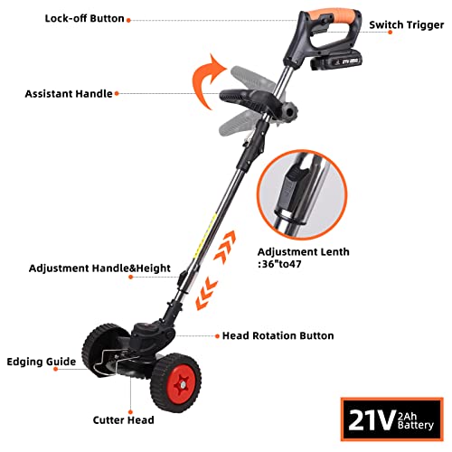 Weed Wacker Cordless Weed Eater,3-in-1 Lightweight Push Grass String Trimmer Edger,21V Li-Ion Battery Powered,3 Lawn Tools with Lightweight Wheeled for Home Garden Yard Mowing(Black)
