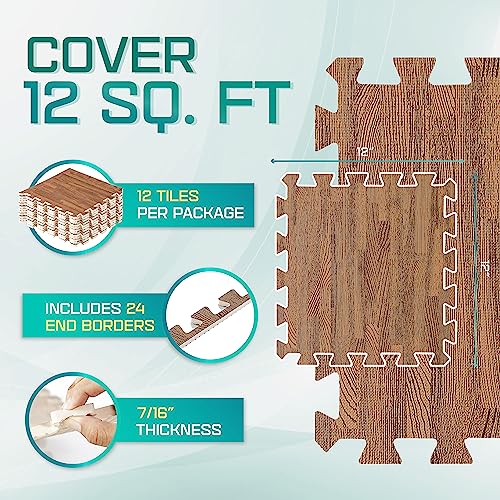 Yes4All Interlocking Floor Mats with Border – Foam Floor Mats/Gym Floor Mats with EVA Interlocking Tiles (12 Square Feet – Oak Wood Dark – 12 Tiles), 12 Count (Pack of 1)