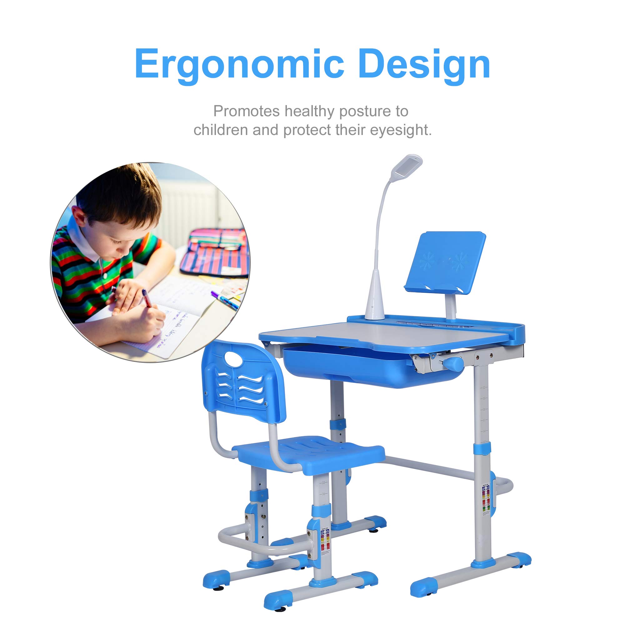 SMAGREHO Kids Desk and Chair Set, Height Adjustable Child's School Study Writing Tables with Tilt Desktop, LED Light, Storage Drawer, Book Stand (Pink)