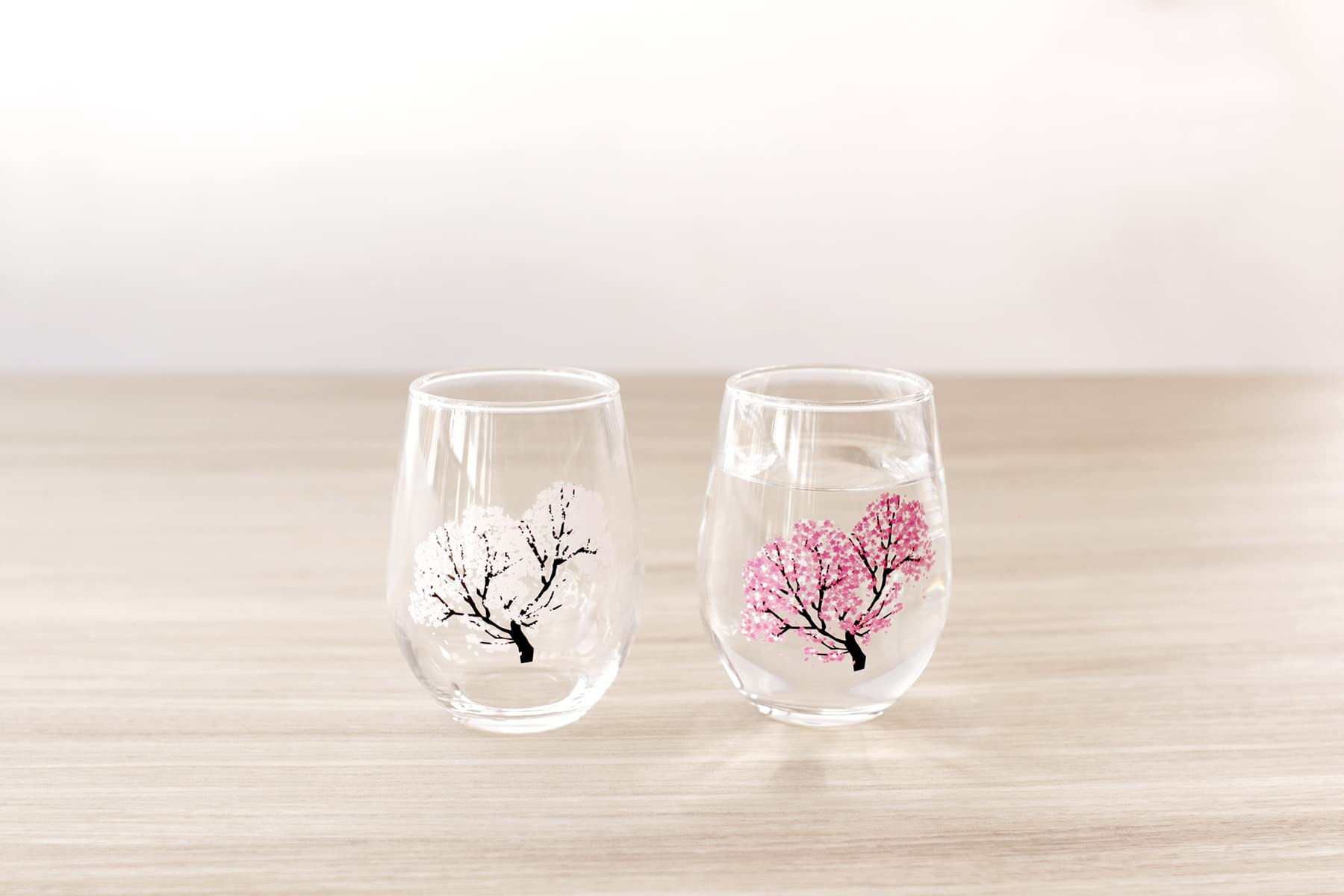 Japanese Sakura Cherry Blossom Color Changing Glass Cups (Pair) Magical Blooming Wine Glasses
