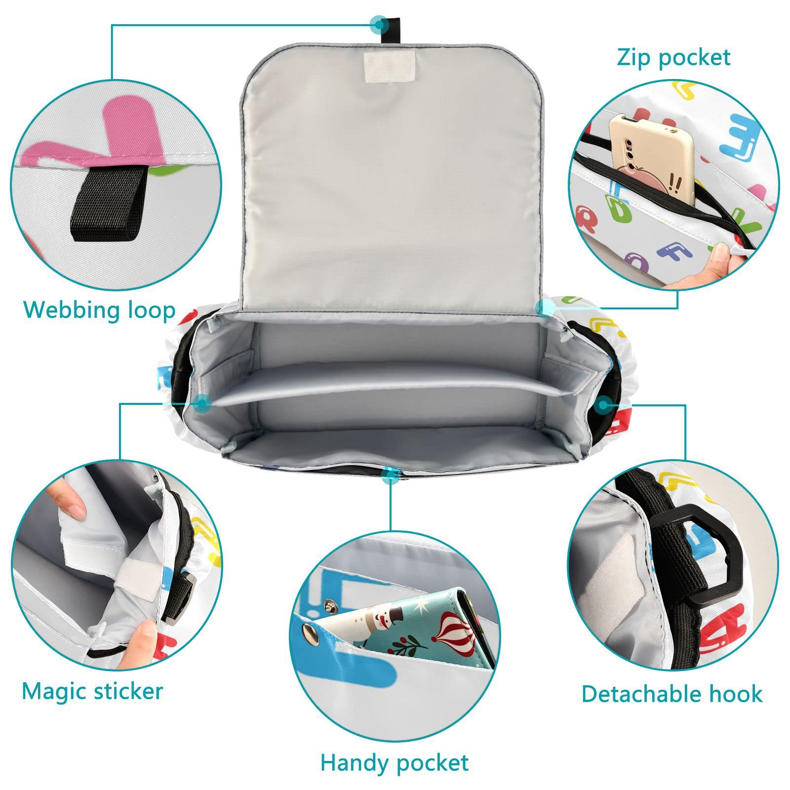 Kigai Colorful Alphabet Baby Stroller Organizer with Cup Holders, Secure Hooks Accessories Adjustable Strap Stroller Bag for Bottle, Diaper, Phone, Toys, Baby Items