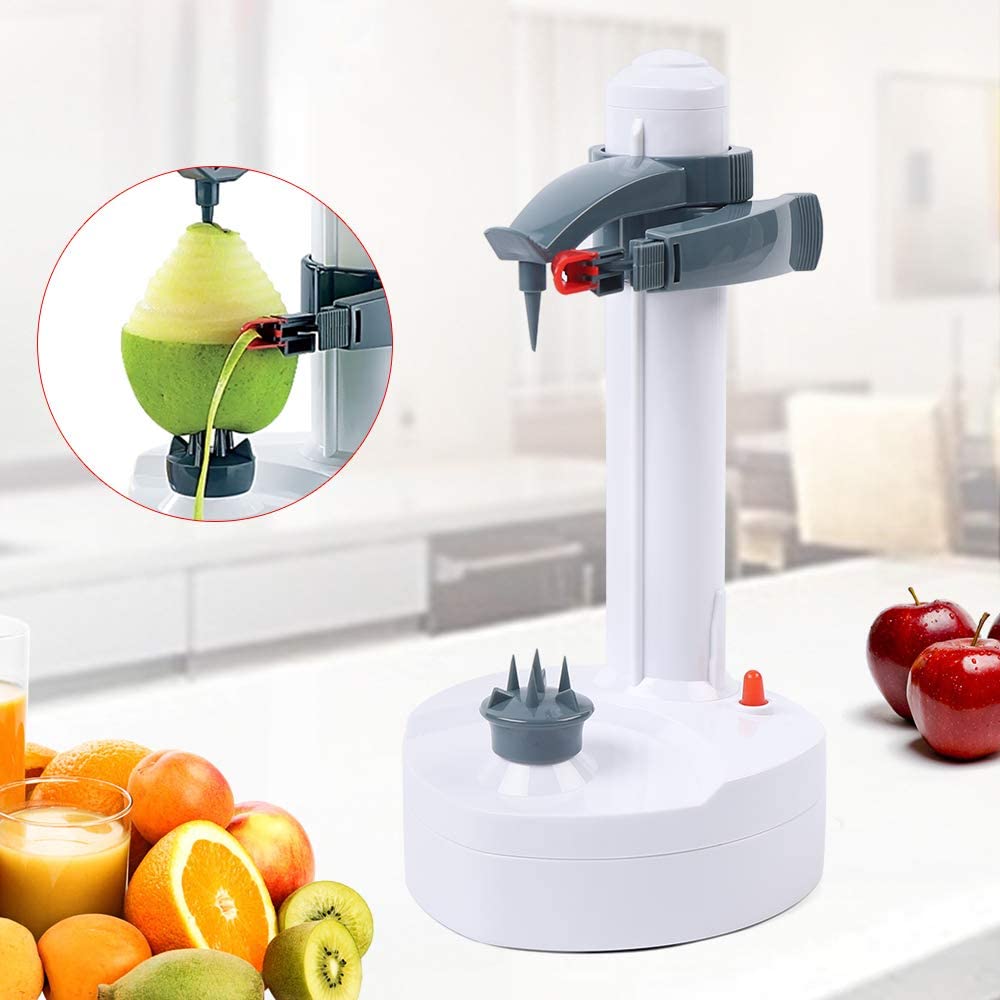 Electric Household Rotating Fruit Vegetable Peeler, White Multifunctional Electric Automatic Peeler Stainless Steel Electric Potato Peeler Machine Apple Paring Machine Kitchen Peeling Tool