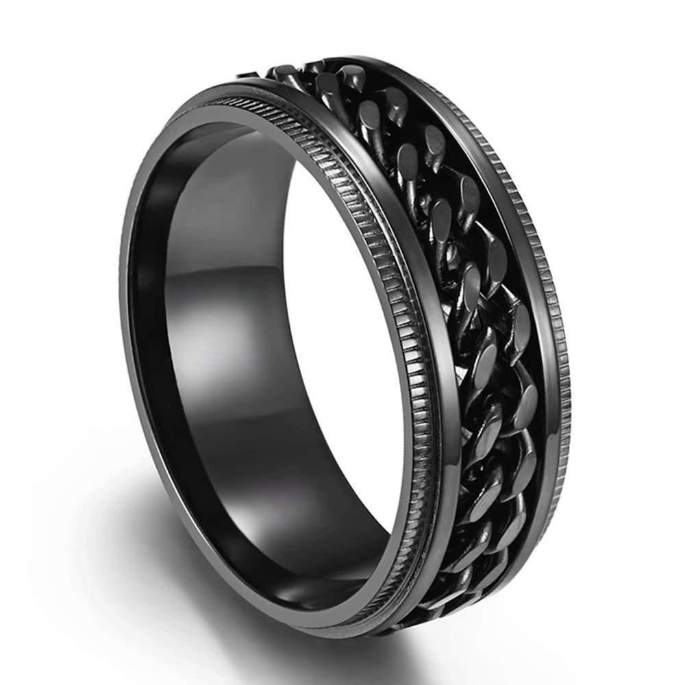 FAANCU 8mm Cuban Chain Black Spinner Ring Band Titanium Stainless Steel Fidget Ring Anxiety Ring for Men Women Size 10