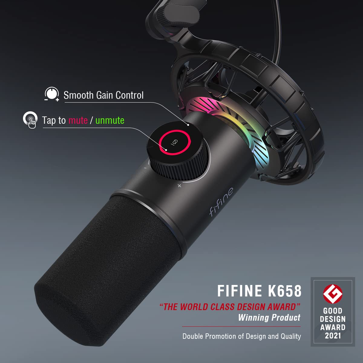 FIFINE USB Gaming Microphone, RGB Dynamic Mic for PC, with Tap-to-Mute Button, Plug & Play Cardioid Mic with Headphone Jack for Streaming, Podcast, Twitch, YouTube, Discord- K658