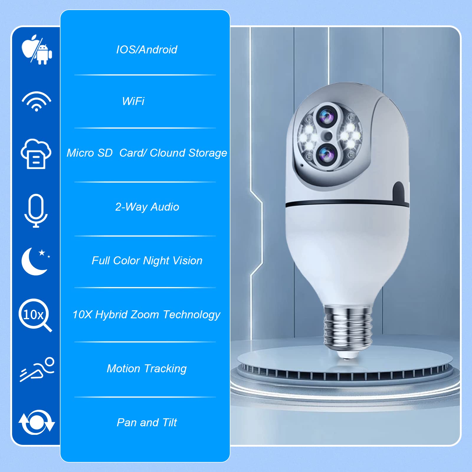 Light Bulb Security Camera, Upgrade 10X Digital Zoom Light Bulb Camera, WiFi Dual Lens Indoor Outdoor Light Socket Security Camera with APP/Color Night Vision/Motion Tracking/Two-Way Audio