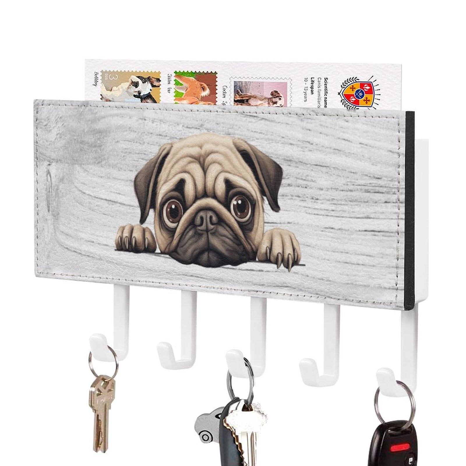 Pug Key Holder for Wall, Dog Mom Gift Mail Holder and Key Rack for Entryway,Rustic Key Hangers with 5 Hooks, Wall Mount for Entryway, Mudroom, Hallway