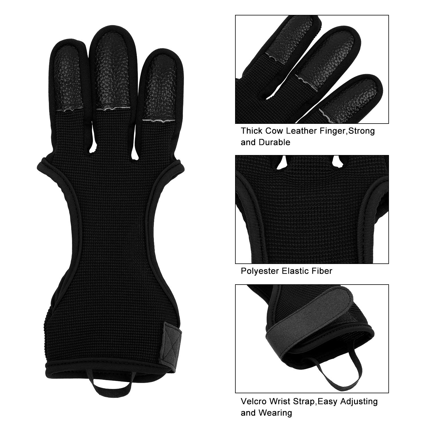 FitsT4 Archery Gloves Leather Padded Three Finger Protector Bow Shooting Hunting Non Slip Glove for Kids Youth Adult Beginner Black S