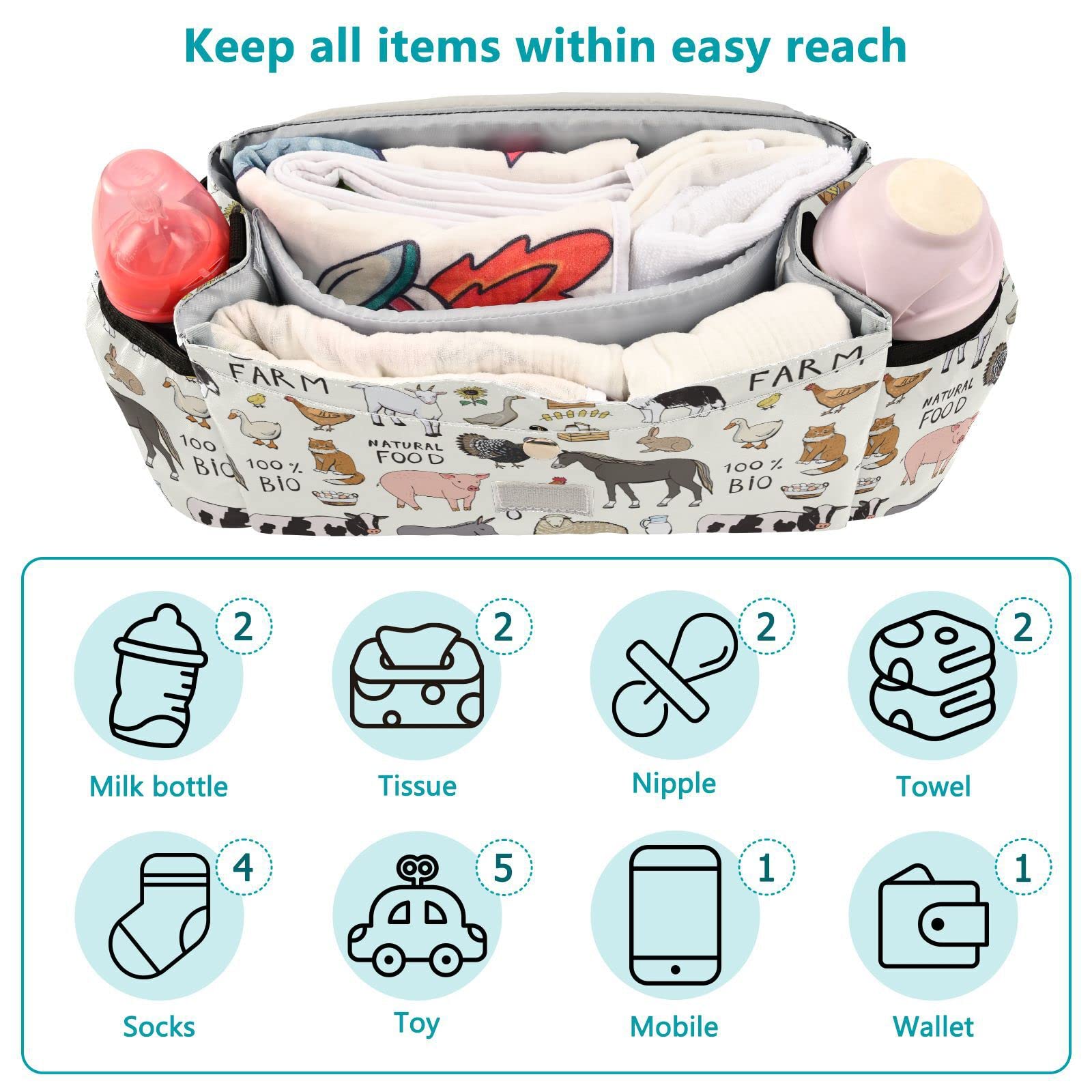 Kigai Farm Animals Baby Stroller Organizer with Cup Holders, Secure Hooks Accessories Adjustable Strap Stroller Bag for Bottle, Diaper, Phone, Toys, Baby Items