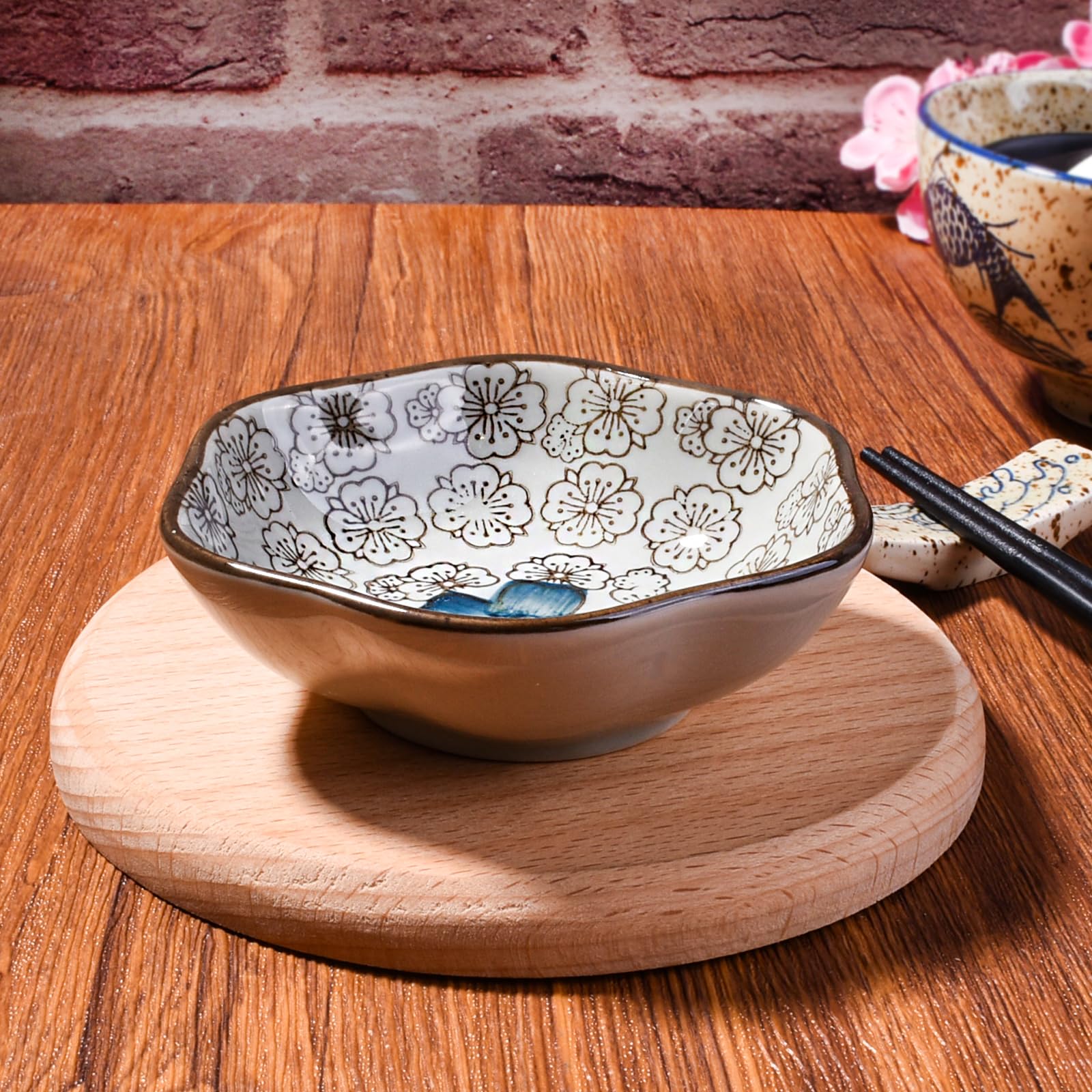 Japanese Style Soy Sauce Dishes set of 8, Ceramic 4-inch Plum Flower Dishe Serving for Dumpling, Side Dish, Sushi (8)