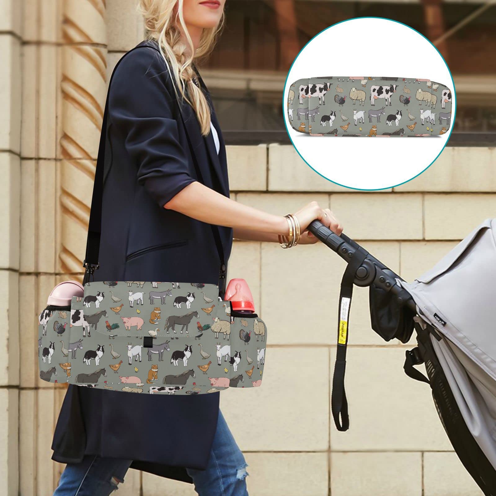 Kigai Farm Animals Pattern Baby Stroller Organizer with Cup Holders, Secure Hooks Accessories Adjustable Strap Stroller Bag for Bottle, Diaper, Phone, Toys, Baby Items
