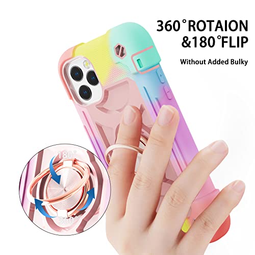 MARKILL Compatible with iPhone 11 Pro Max Case 6.5 Inch with 360°Rotate Ring Stand, Military Grade Drop Protection Full Body Rugged Heavy Duty Case 3 in 1 Protective Durable Cover. (Rainbow Pink)