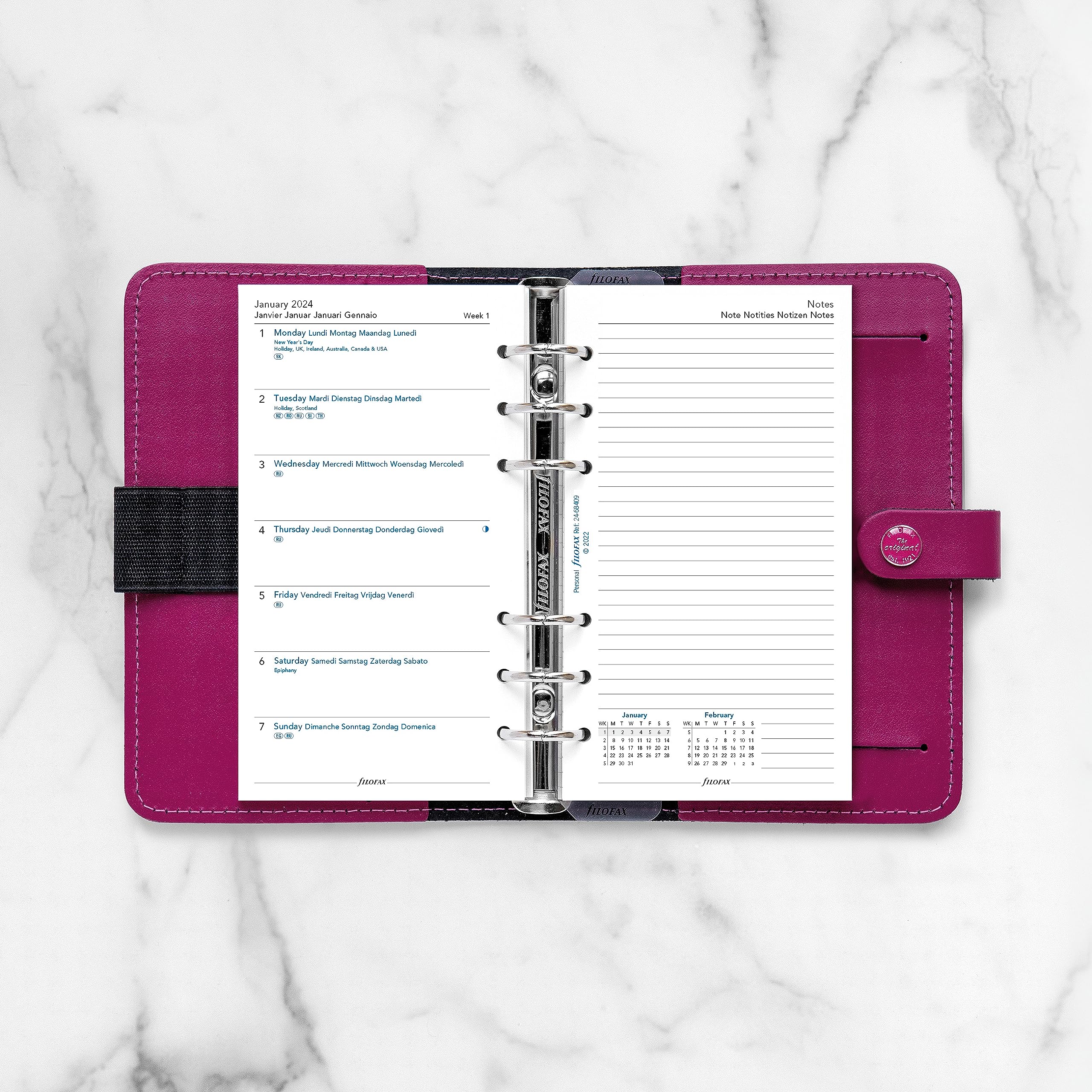 Filofax Calendar Diary Refill, Personal/Compact Size, Week on One Page with Notes, White Paper, Multilingual: Five Languages, 2024 (C68409-24)