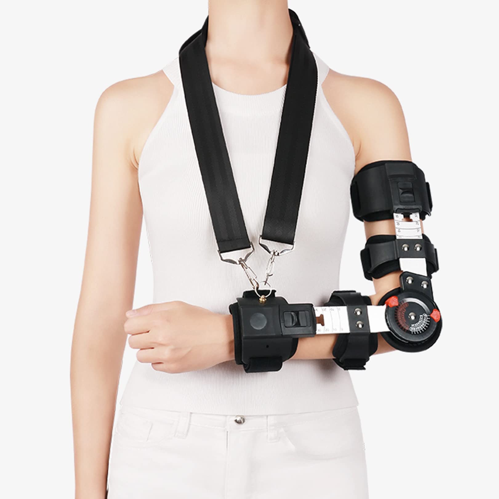 JIONET Hinged ROM Elbow Brace for Men Women, Adjustable Post OP Elbow Brace Stabilizer Splint Arm Injury Recovery for Support After Surgery (Color : Black, Size : Left Arm)