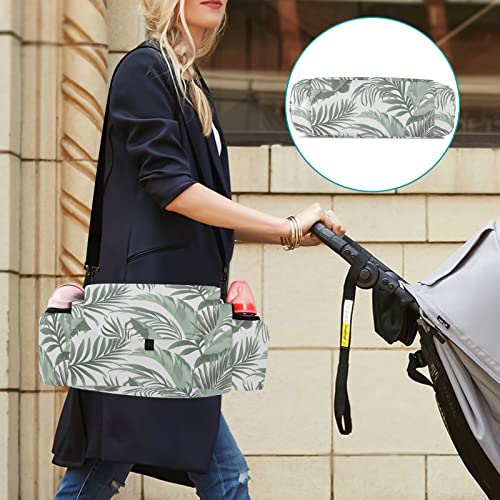 Kigai Green Tropical Palm Tree Baby Stroller Organizer with Cup Holders, Secure Hooks Accessories Adjustable Strap Stroller Bag for Bottle, Diaper, Phone, Toys, Baby Items