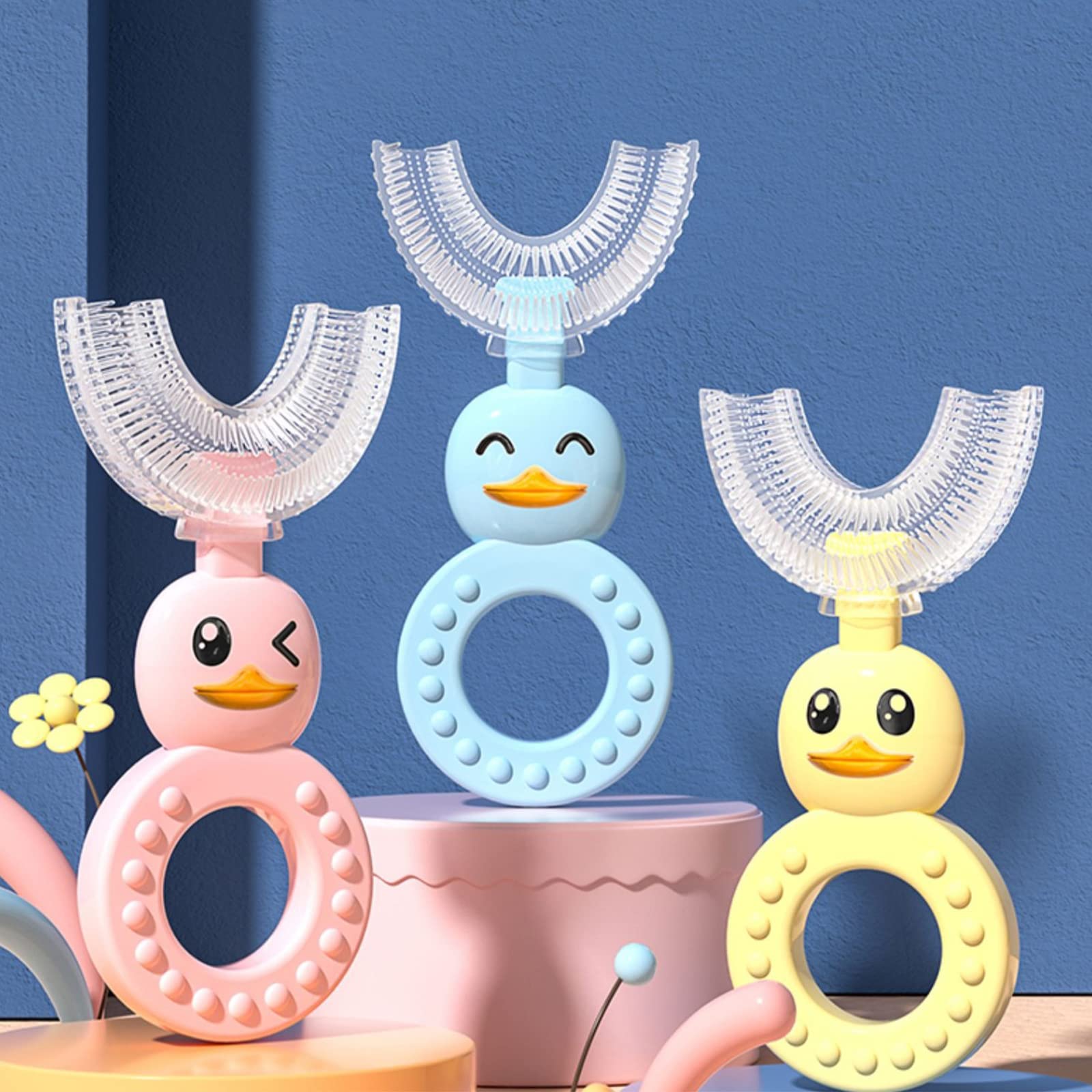 Whaline 4 Pack Kids U-Shaped Toothbrush Little Duck Manual Training Yellow White Pink Blue Tooth Brush Multicolor Silicone Whitening Massage Toothbrush Whole Mouth Toothbrush for Kids 2-6 Years