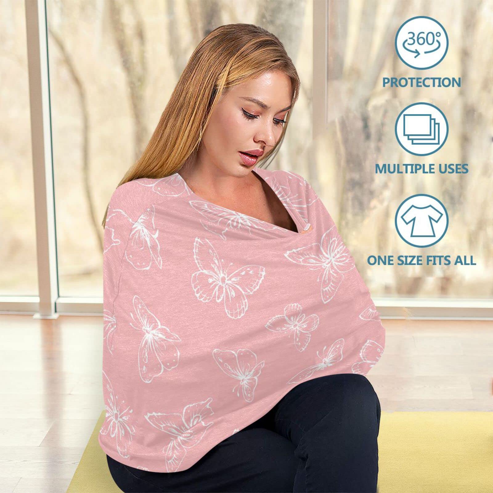 Kigai Pink Butterfly Baby Car Seat Covers Multi-Use Breastfeeding Nursing Seat Canopy Stretchy Breathable Infant Stroller Covers for Boys and Girls