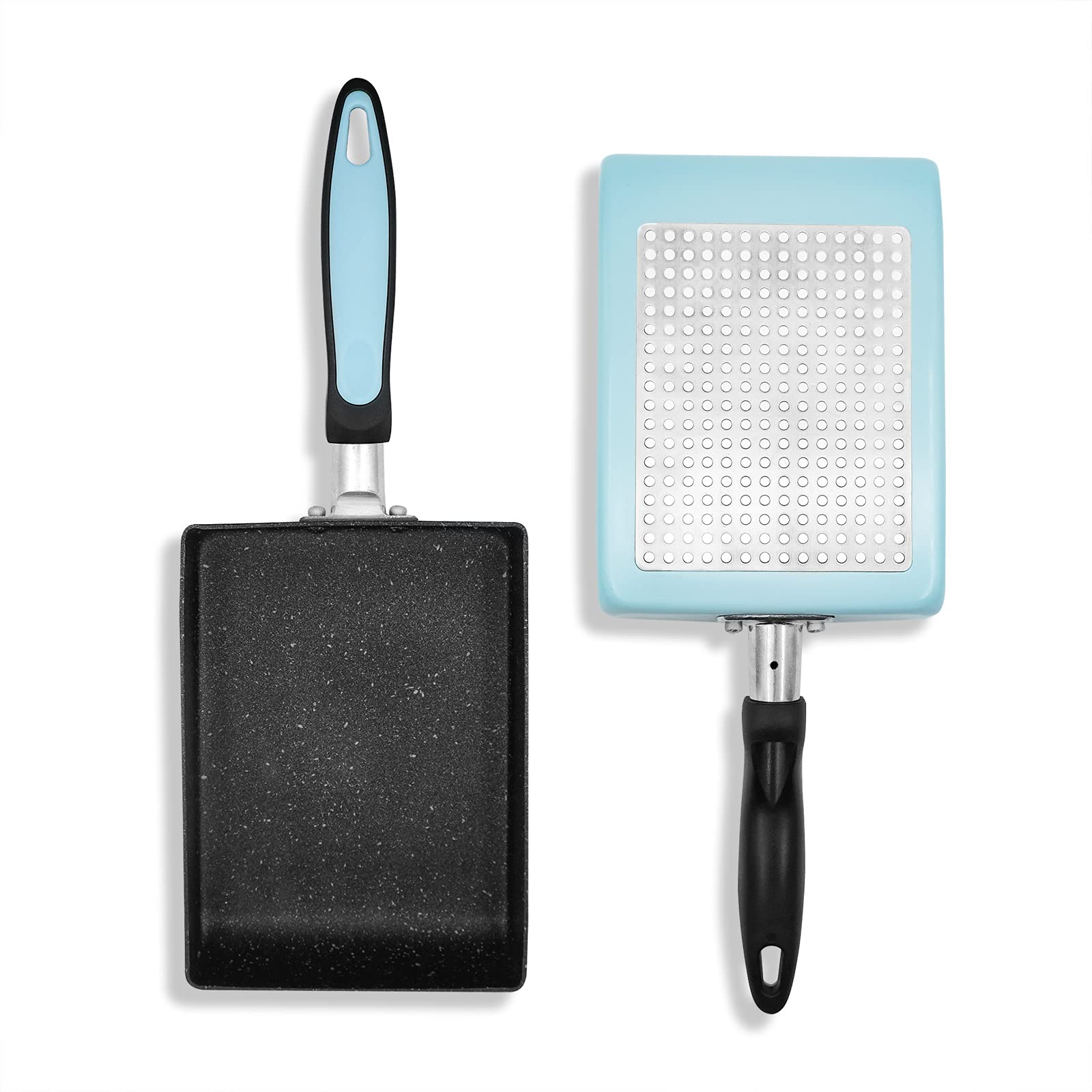 Japanese Tamagoyaki Omelette Egg Pan(blue), 7" x 6" inch Non-stick Coating Retangle Small Frying Pan, Gas Stove and Induction Hob Compatible, Dishwasher Safe, with Silicone Spatula & Brush(green)
