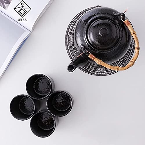 Japanese Asian Tea Set Ceramic Teapot with Strainer, Rattan Handle, 4 Tea Cups, Tea Scoop, Wooden Serving Tray and Instructions - Modern Teapot Set for Home and Office - Gift