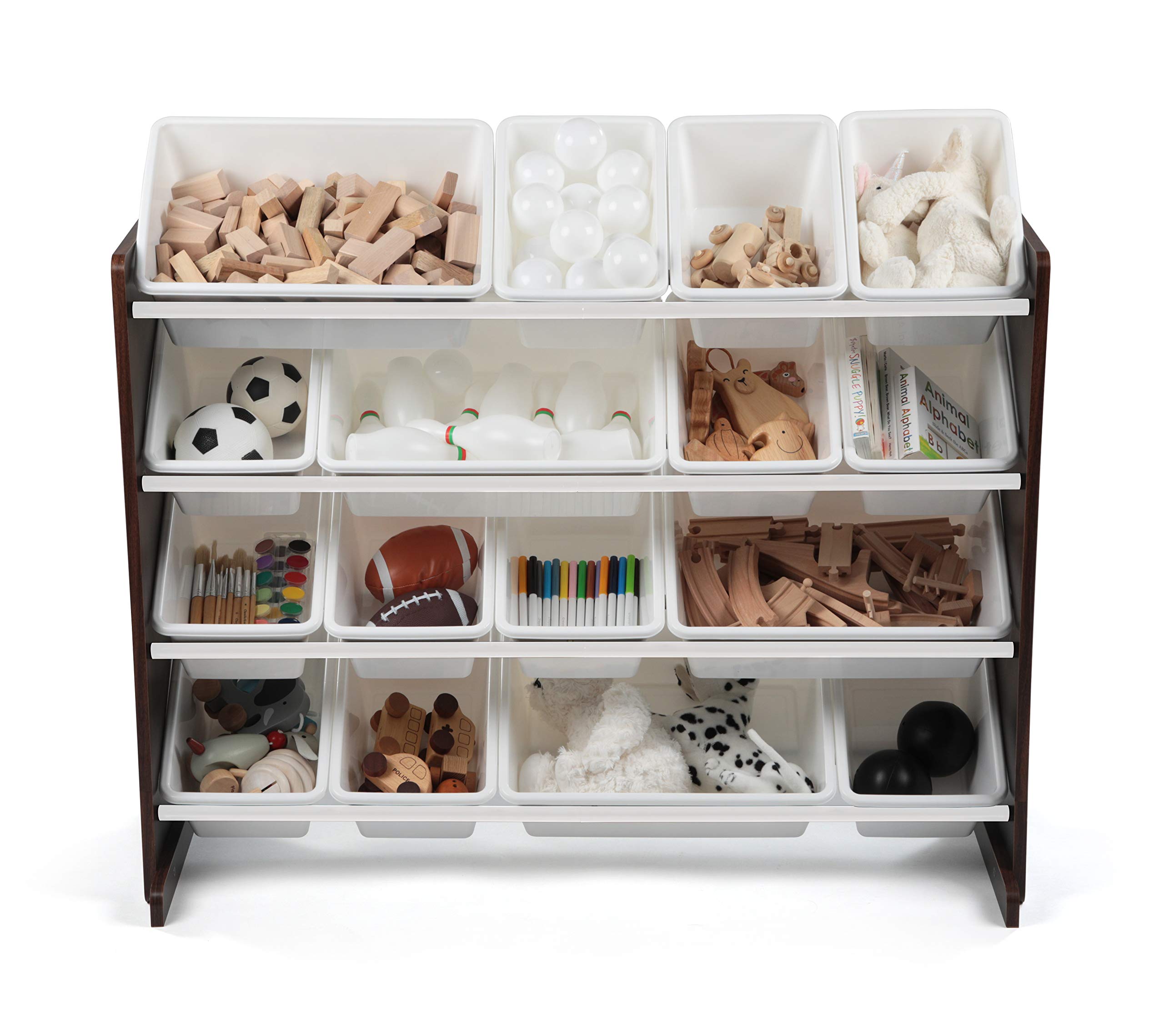 Humble Crew Extra-Large Toy Organizer, 16 Storage Bins, Espresso/White & Grey/White Kids Book Rack, Bookshelf, 4 Tiers