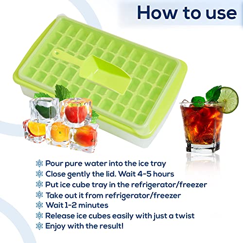 Large Ice Cube Mold, Ice Cube Tray for Freezer, Sphere Ice Container for Cocktails, 55 Mini Nugget Tray with Lid and Bin, Pebble Ice Bucket-Comes with Scoop, Cover, Ice Maker and Holder.