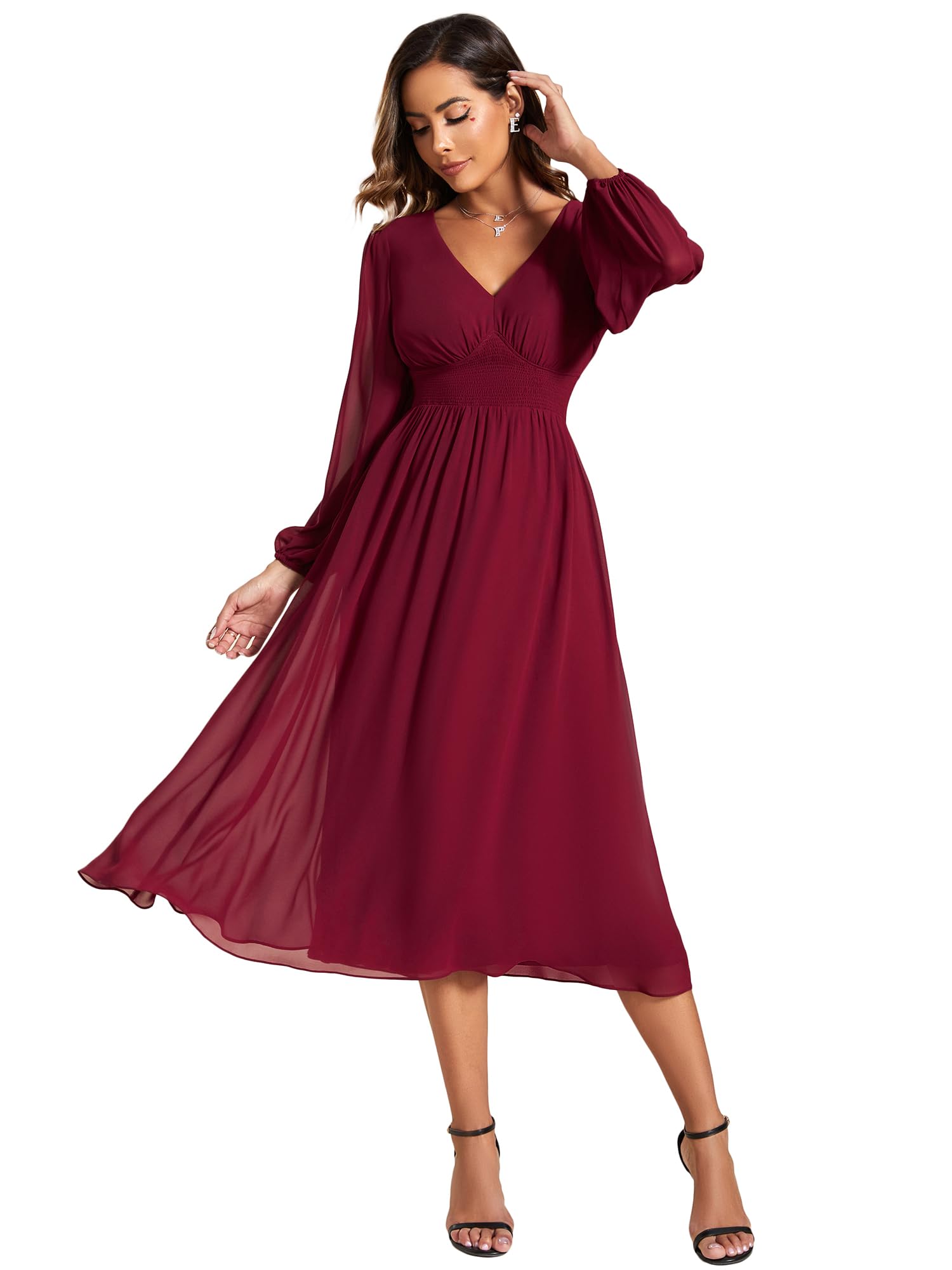 Ever-Pretty Women's Chiffon Long Sleeve Elastic Waist A-Line Knee Length Wedding Guest Dresses Burgundy US16
