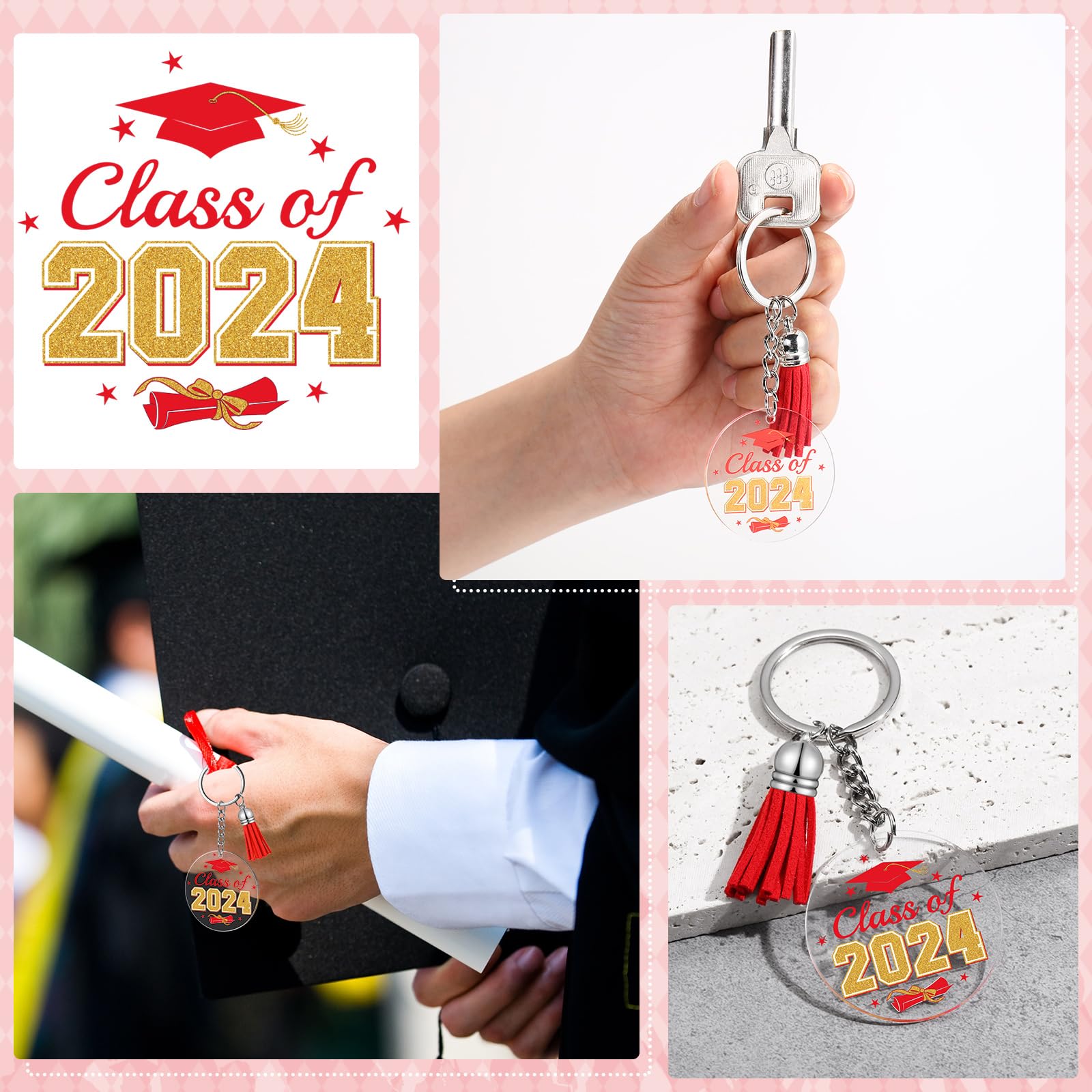 Kigeli 30 Pcs Class of 2024 Graduation Keychains Gifts Acrylic Keychains with Tassel for College High School(Red)