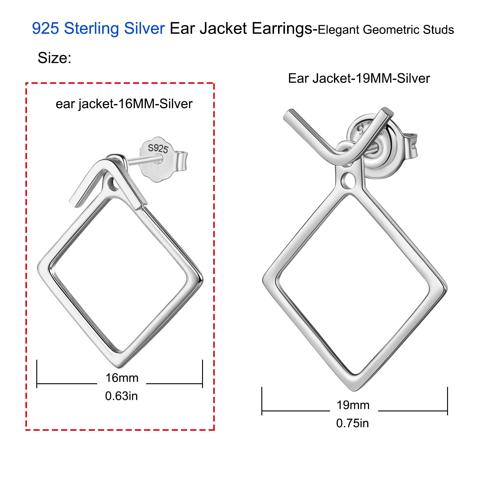 Fiklon Ear Jacket Earrings 925 Sterling Silver Studs Front Back Earrings for Women Minimalist Geometric V Stud Earrings With Back Design (ear jacket-16MM-Silver)