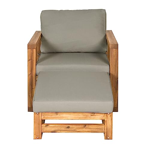 Walker Edison Sorrento Modern Acacia Wood Outdoor Side Chair and Ottoman Set with Cushions, 32 Inch, Brown