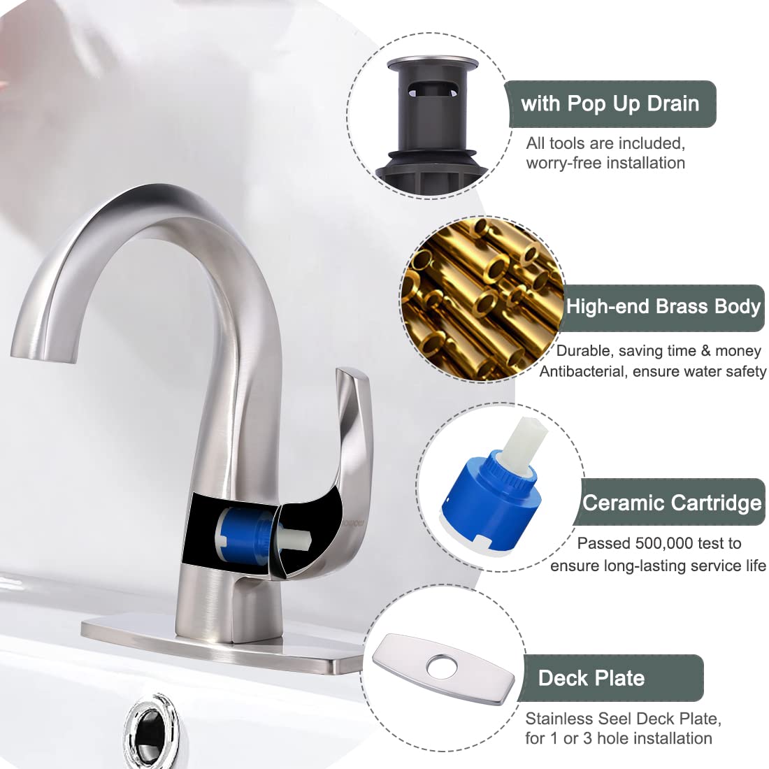 WOWOW Single Handle Bathroom Faucet, 1 Hole, High Arc, Brushed Nickel, Pop-up Drain, Solid Brass, Commercial Bathroom Sink Faucet, Basin Vanity Bar Faucet