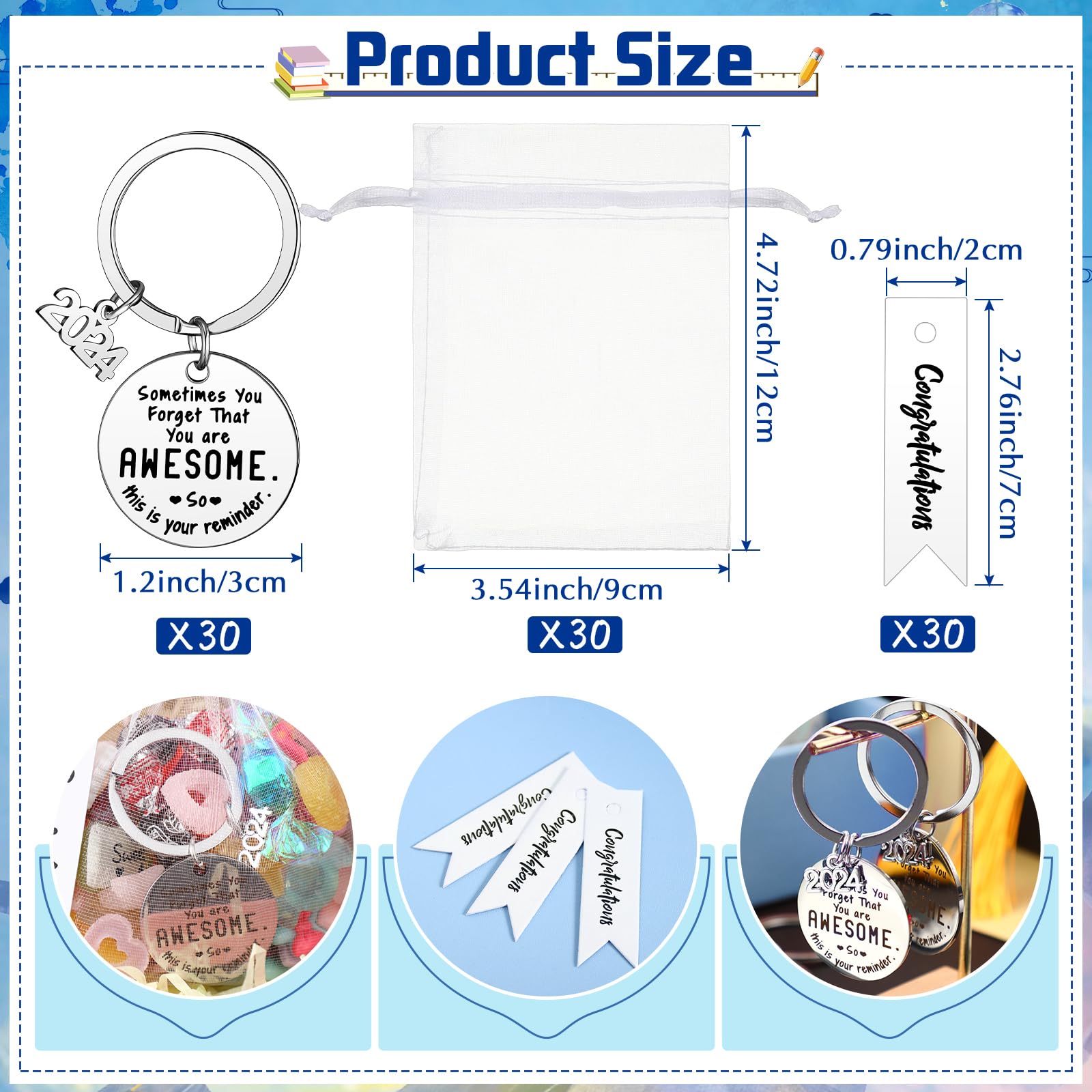 Kigeli 30 Pcs Class of 2024 Keychain Graduation Gift Keychain Bulk Inspirational Key Chain for Senior High School College (Awesome)