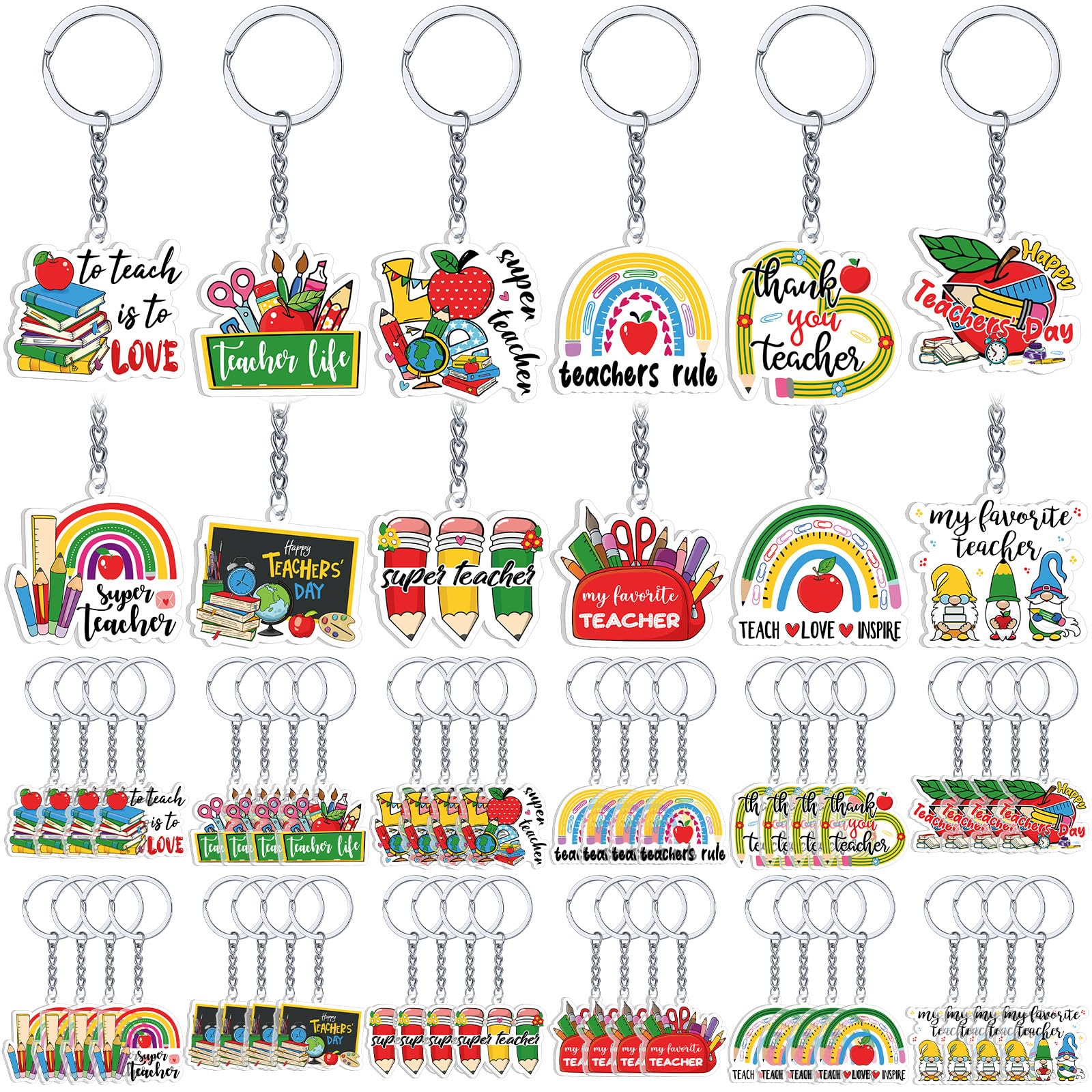 Kigeli 60 Pcs Teacher Keychain Bulk Teacher Appreciation Gifts in Bulk Acrylic Key Rings Teacher Gift Teacher Accessories