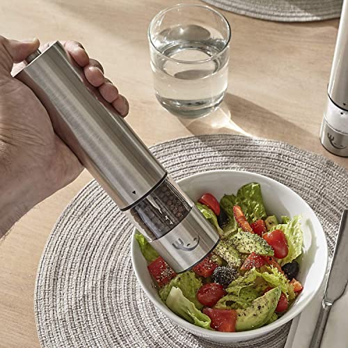 Electric Salt and Pepper Grinder Set - Stainless Steel Battery Operated Salt and Pepper Shakers - 2 Pepper Mills with Light and Adjustable Coarseness