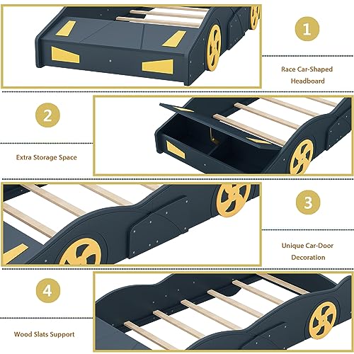 Nigwedete Twin Size Race Car-Shaped Platform Bed with Wheels, Wood Platform Bed Frame with Storage Space, Children Car-Shape Beds for Bedroom, Dark Blue+Yellow