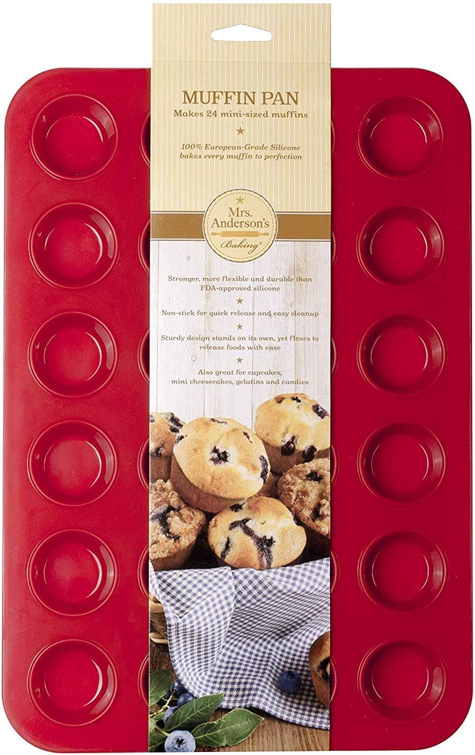 Mrs. Anderson's Baking Silicone 24-Cup Mini Muffin Pan, Non-Stick European-Grade Silicone, 13.5 x 9.25 x .75-Inches​