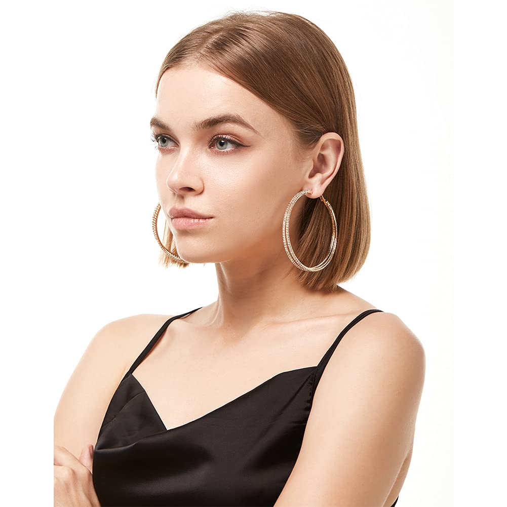 Extra Large Rhinestone Hoop Earrings – 2.67 Inch Oversized Big Huge Crystal Lightweight Hoop Earrings for Women (Gold)