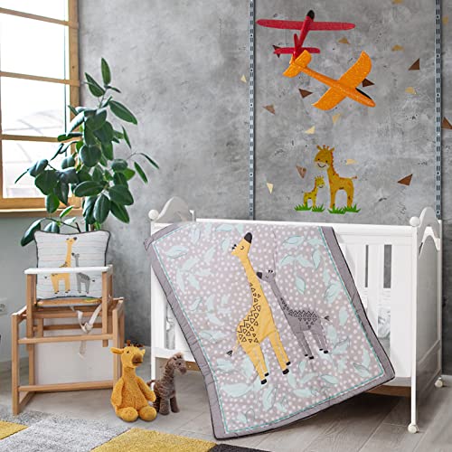 Honkaii Crib Bedding Set for Boys or Girls 3 Piece, Crib Sheet, Crib Skirt, Crib Comforter Included, Grey Crib Set for Boys, 100% Cotton Baby Nursery Bedding Decor, Jungle Giraffe Theme