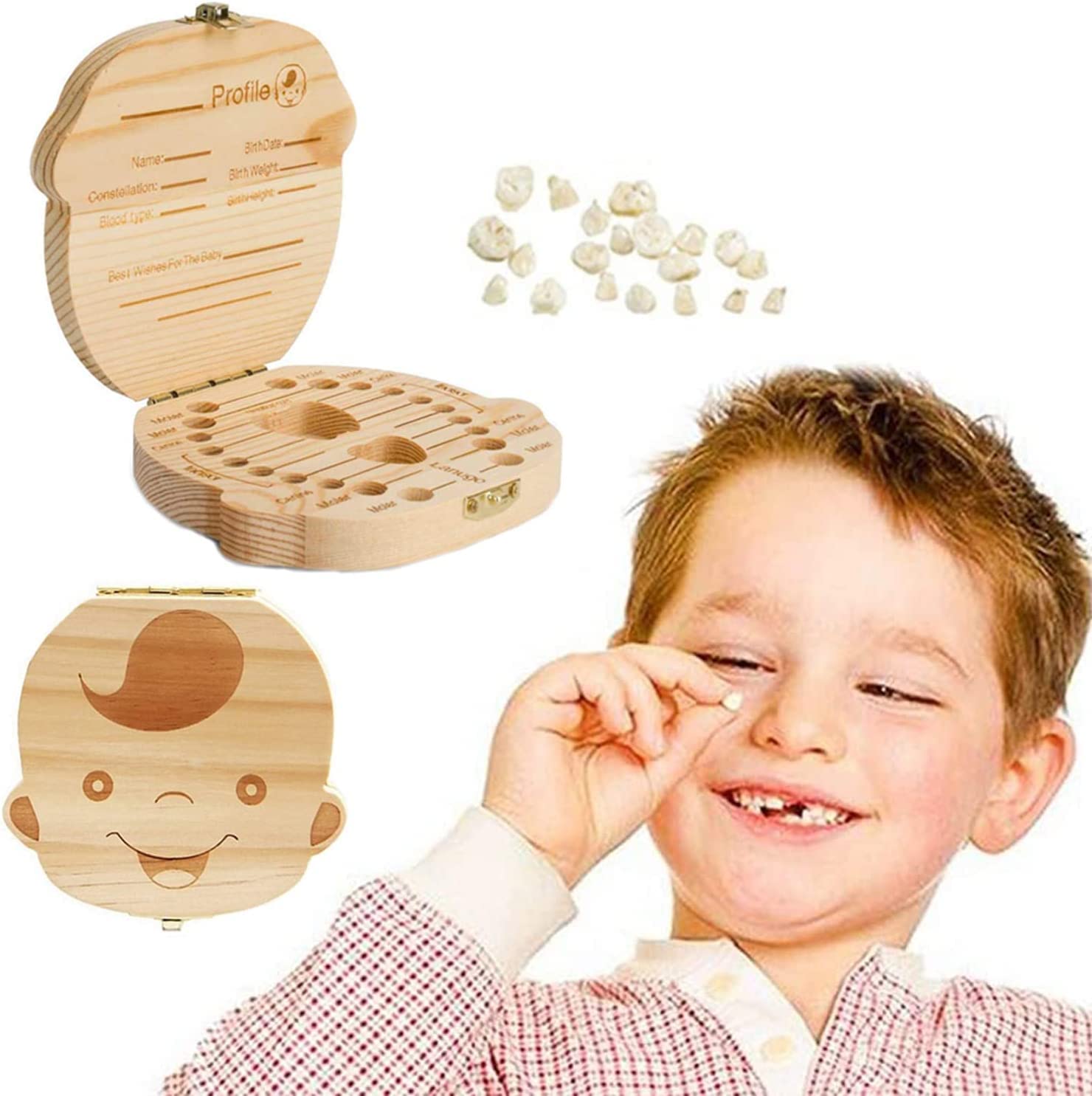 OMANI Tooth Box for Baby, First Tooth Fairy Keepsake Box, Wooden Teeth Box Tooth Saver, Teeth Storage for Lost Teeth Kids Gift (BOY)