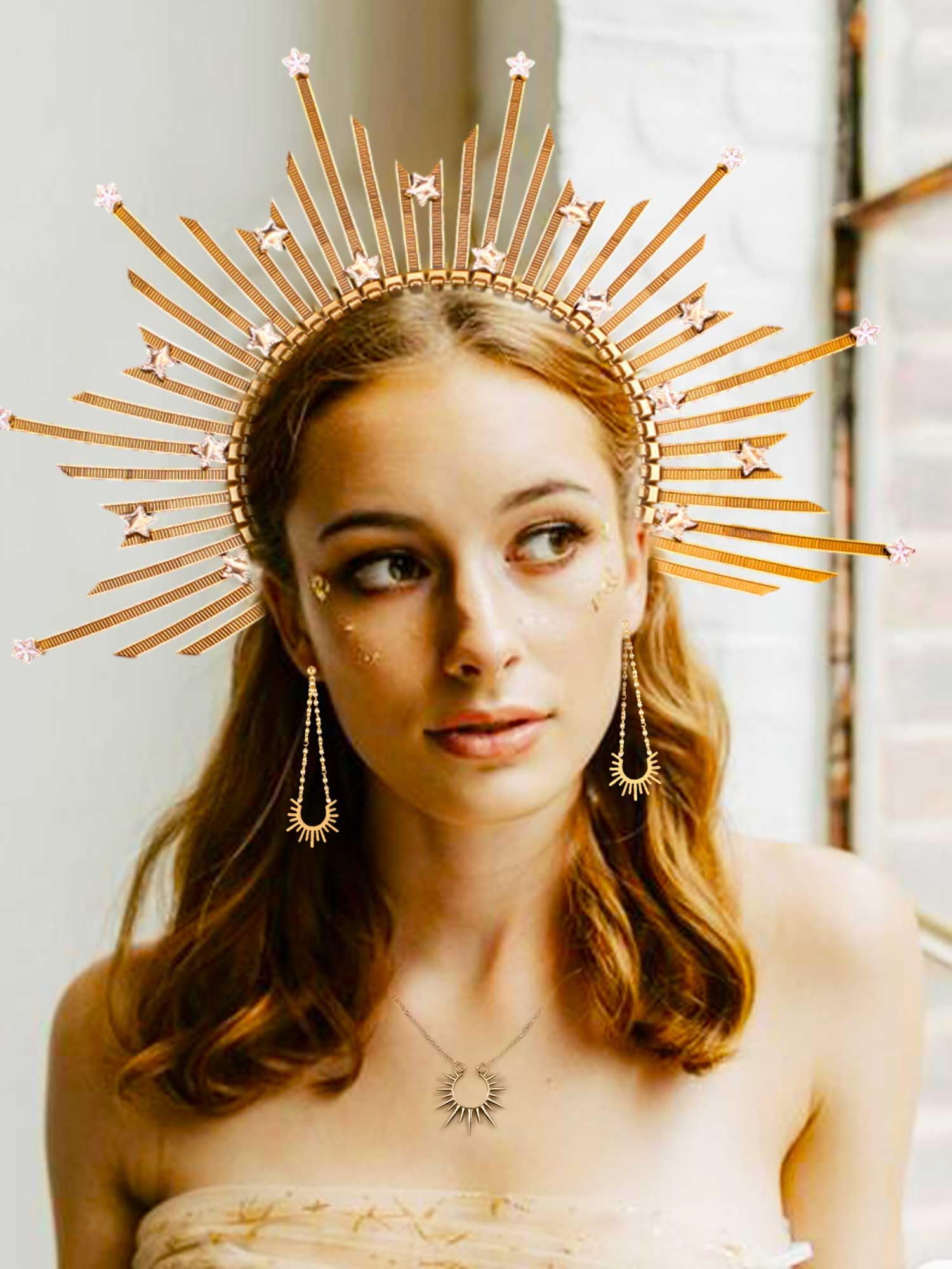 JeVenis 4 PCS Gold Halo Crown Baroque Headband Sun Goddess Tiara and Crown Sunburst Headband Cosplay Wedding Festival Headpiece