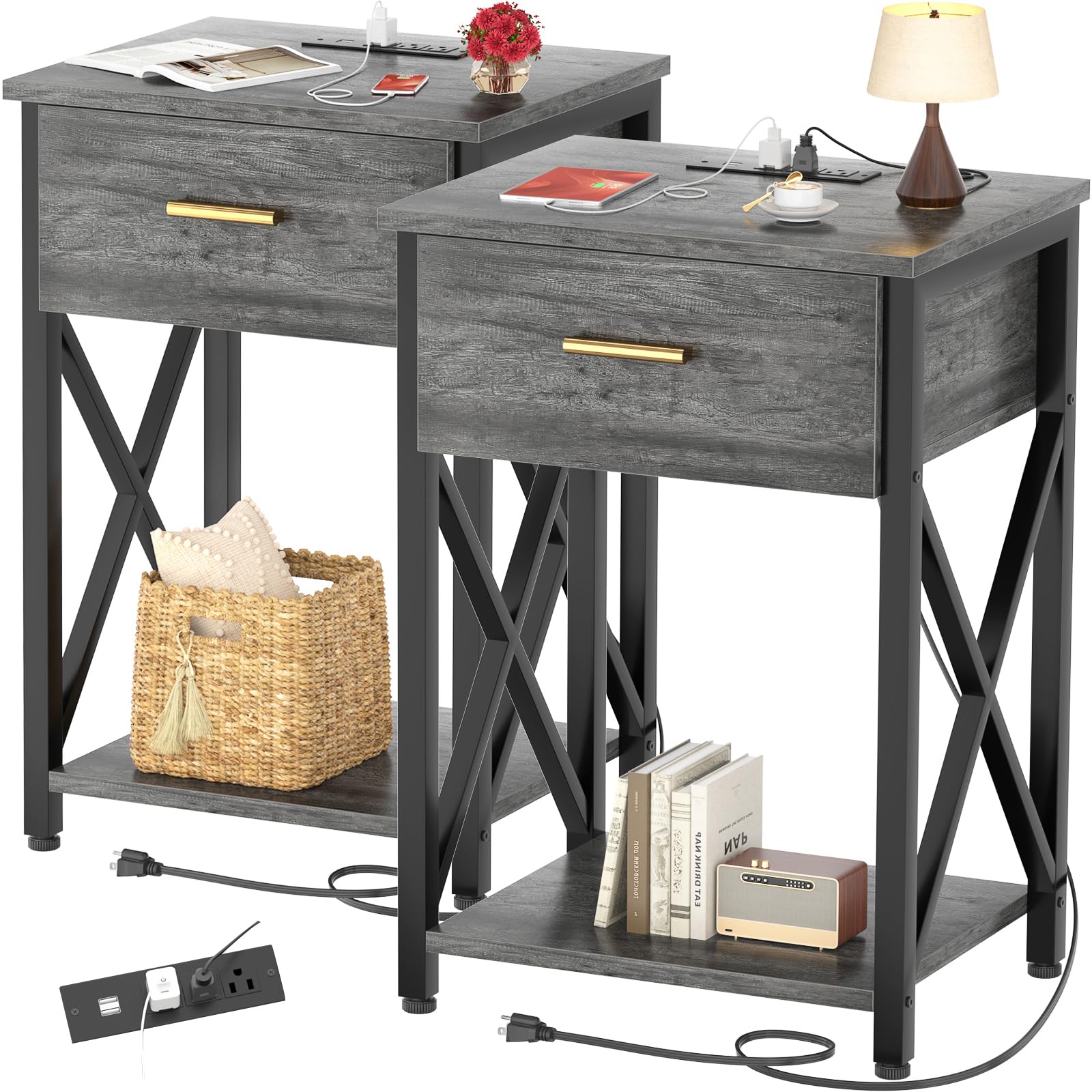 Ecoprsio Oversized Nightstands Set of 2, 26" Bedside Table with Charging Station, Modern End Side Table with X-Design, Tall Night Stand with Drawer and Shelf for Bedroom, Living Room, Sofa, Grey