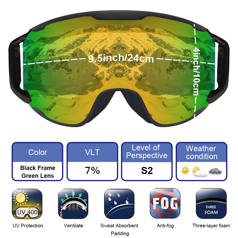 Extra Mile Ski Goggles, Multiple Reflection Spliced Lens Anti-fog and UV400 Protection Snowboard Snowmobile Goggles (Green-pt)