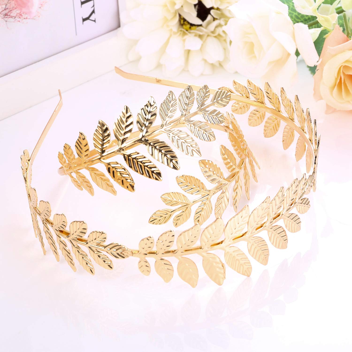 Finrezio Greek Goddess Headband Arm Cuff Bridal Jewelry Set Roman Laurel Leaf Branch Crown Armlet Upper Arm Band Bracelet Adjustable (A:Gold tone)
